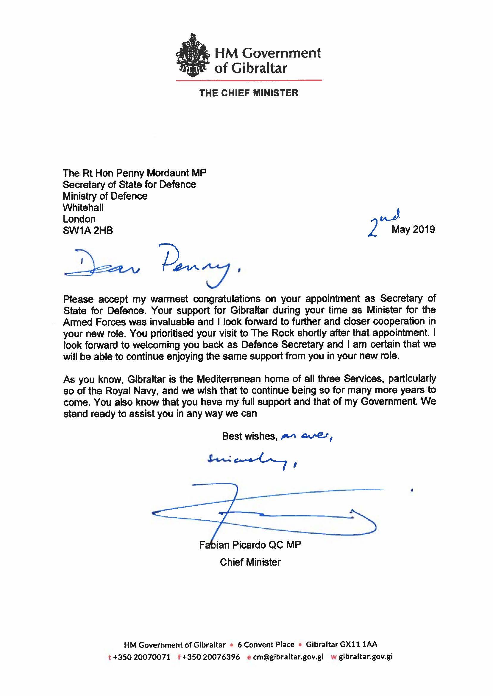 Chief Minister Congratulates Rt Hon Penny Mordaunt MP - 324/2019